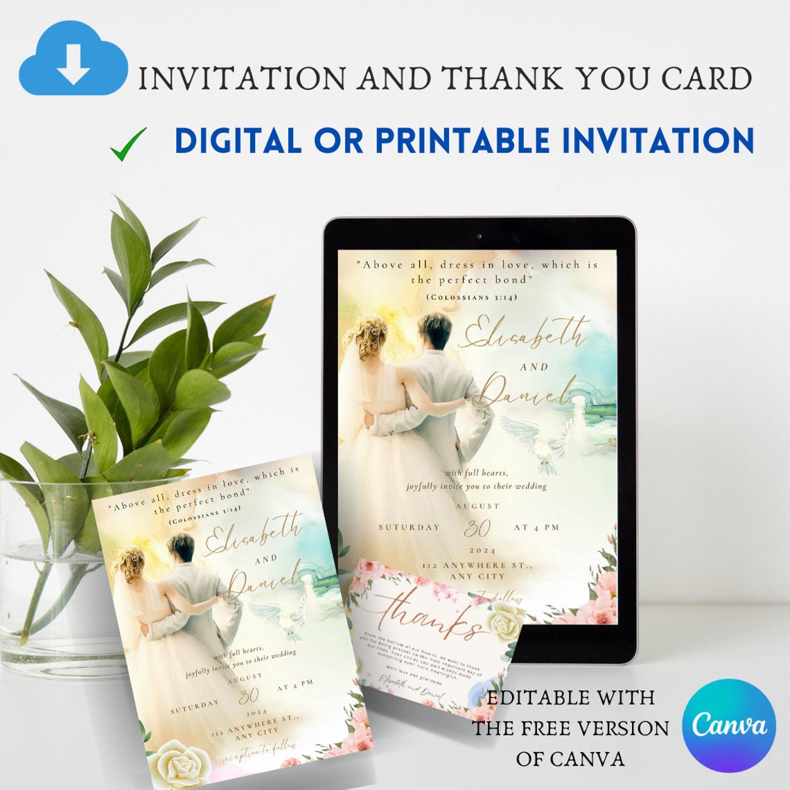 Wedding Invitation and Thank You Card. JW. Template to Edit, Print or ...