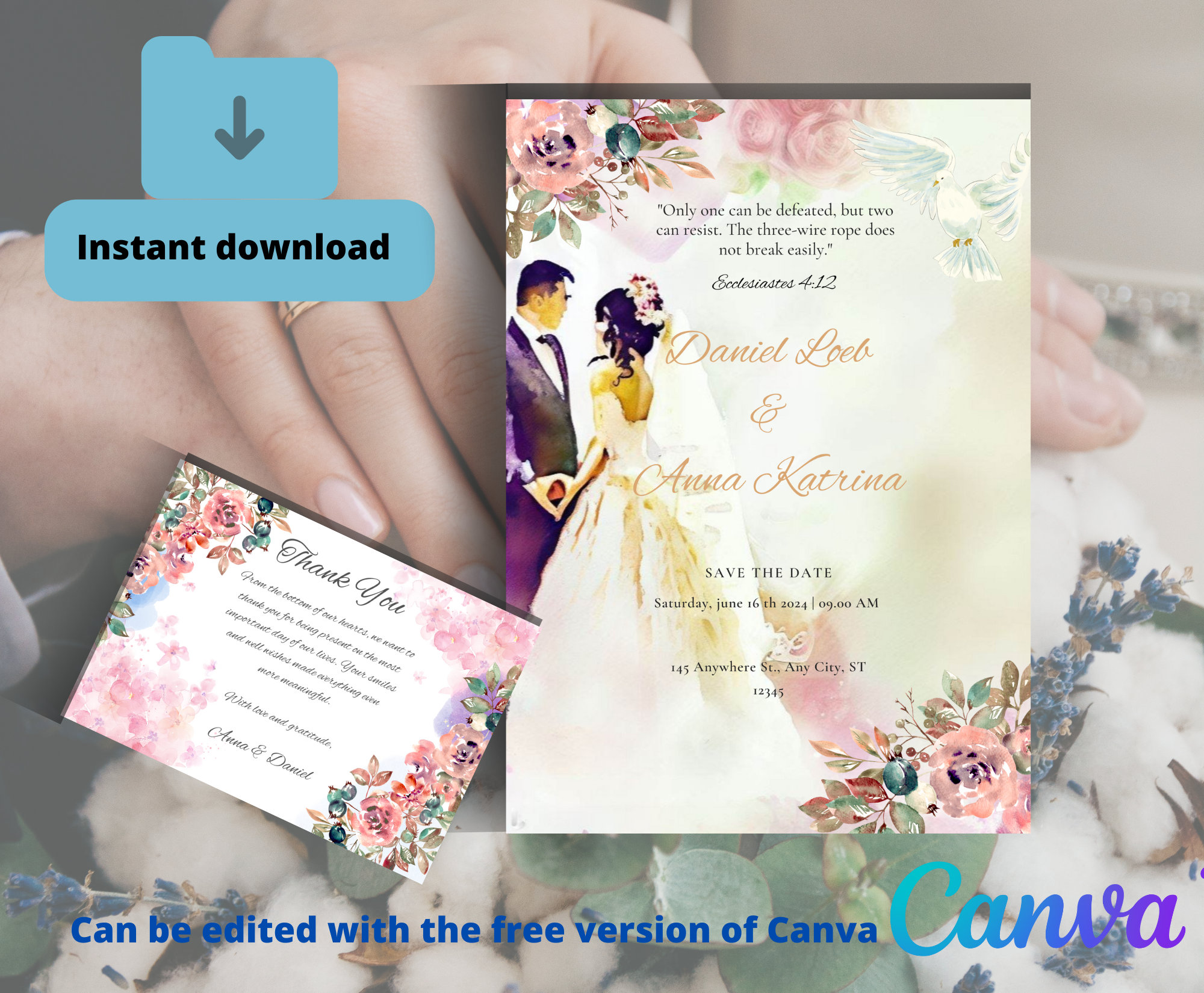 Wedding Invitation and Thank You Card. JW. Template to Edit, Print or ...