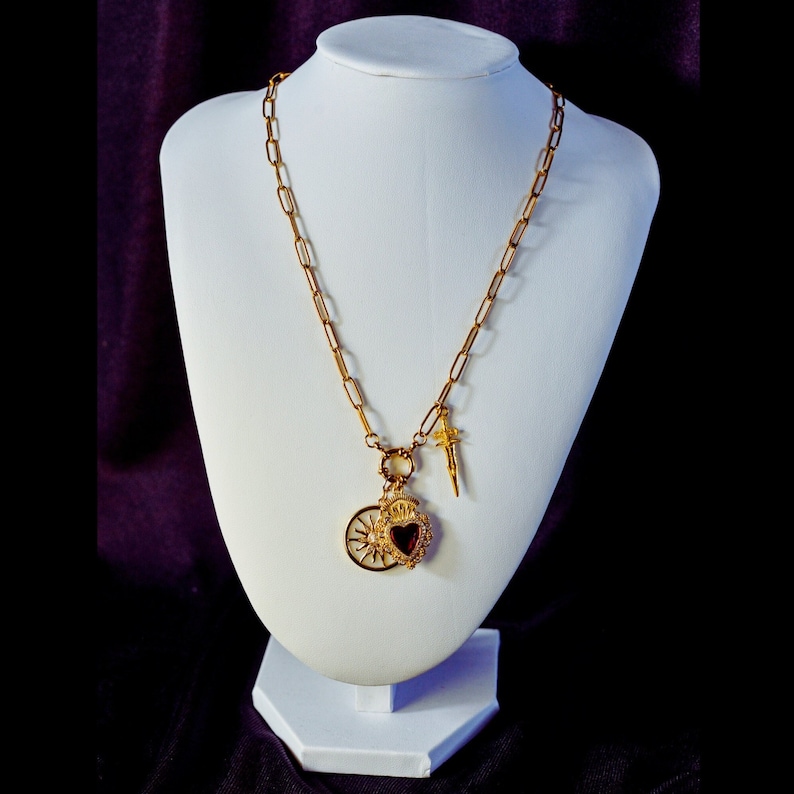 Romeo & Juliet Charm Necklace: Sacred Heart, Sun, Dagger - Etsy