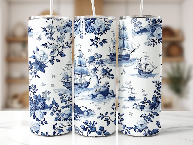 Toile De Jouy 20oz Skinny Tumbler Wrap | French Toile Pattern | Blue ...