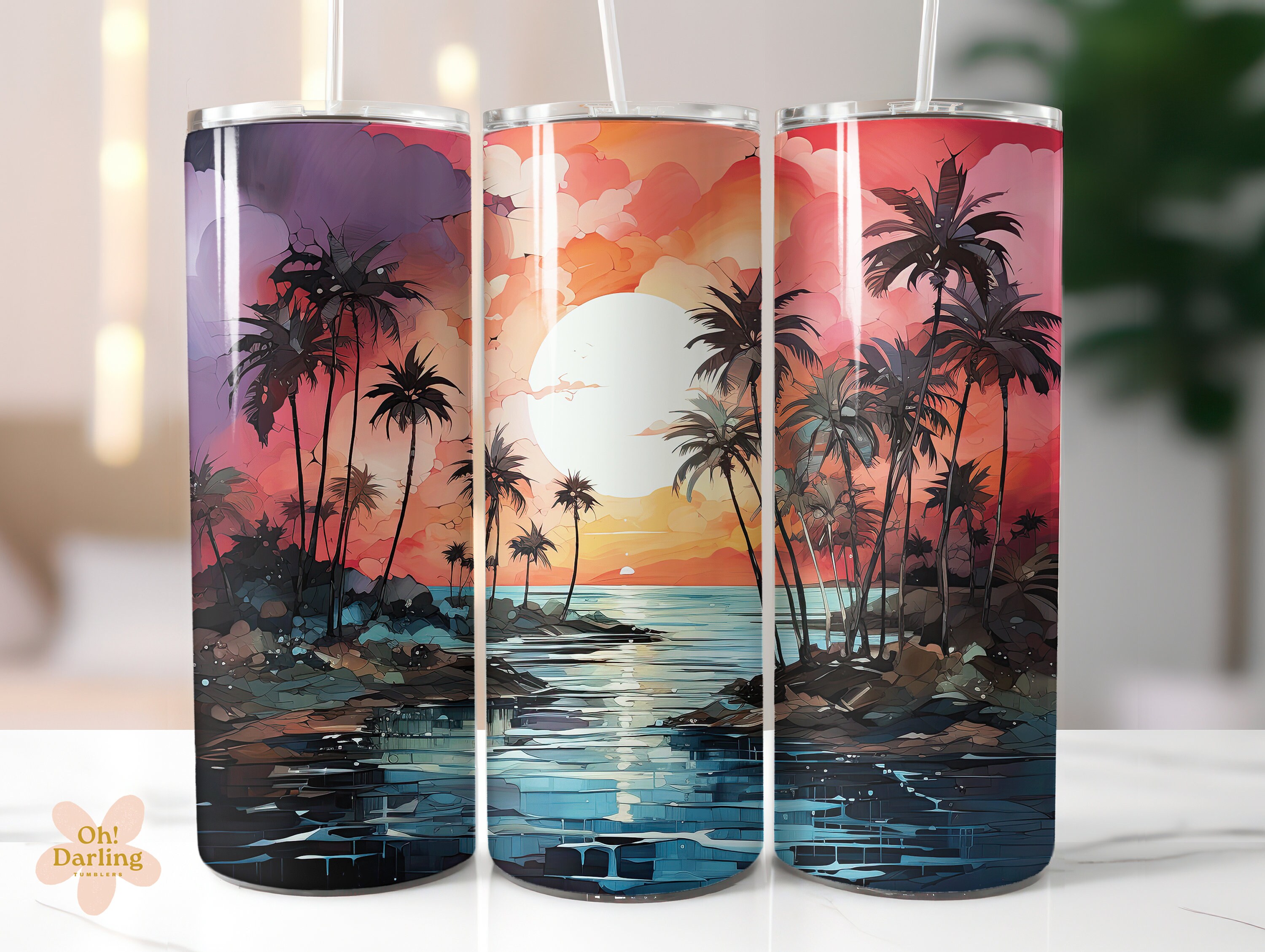 Sunset Palm Trees 20oz Sublimation Tumbler Designs, Ocean Beach 9.2 X 8 ...