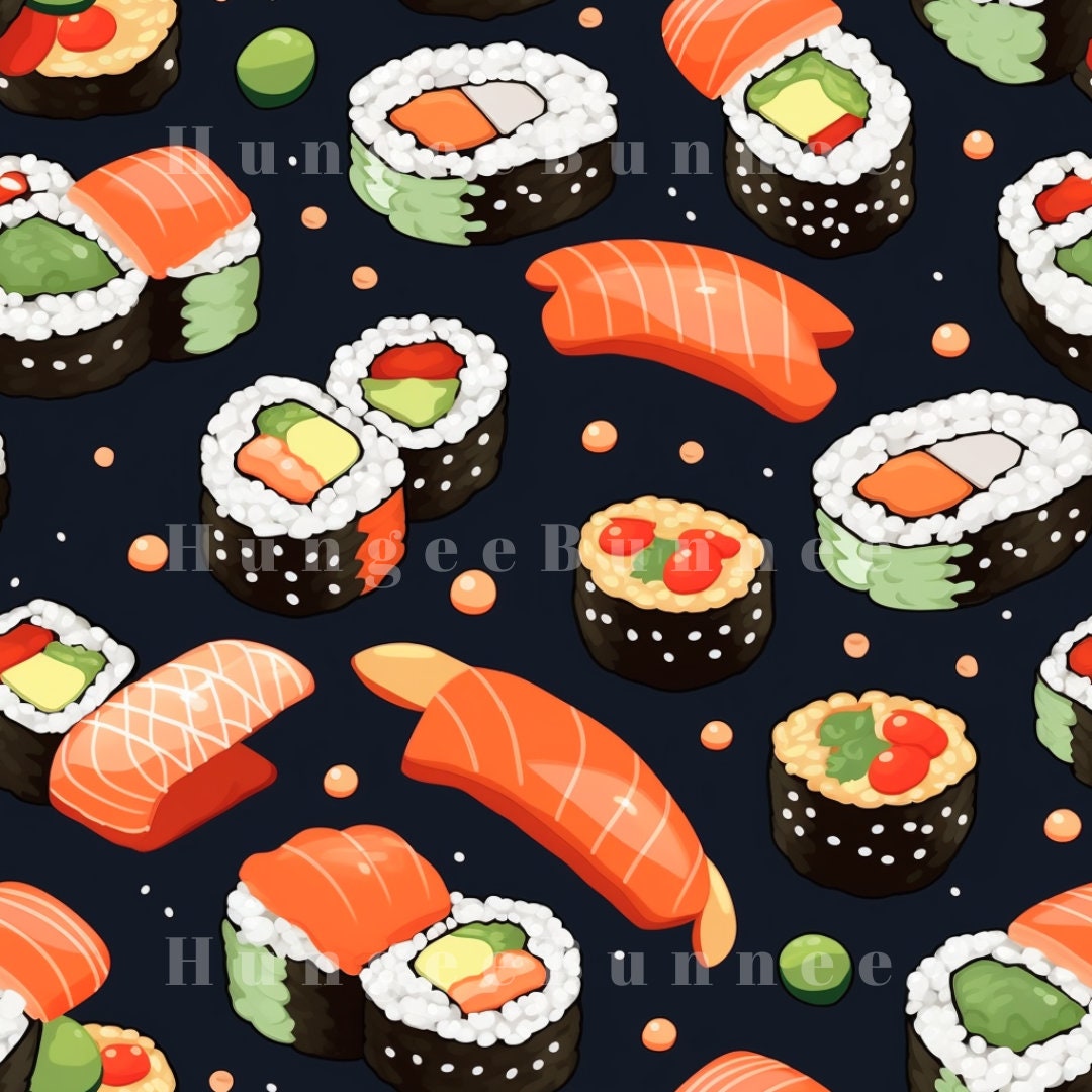 Sushi Digital Paper, Black Wallpaper, Cute Sushi With Faces, Whimsical ...