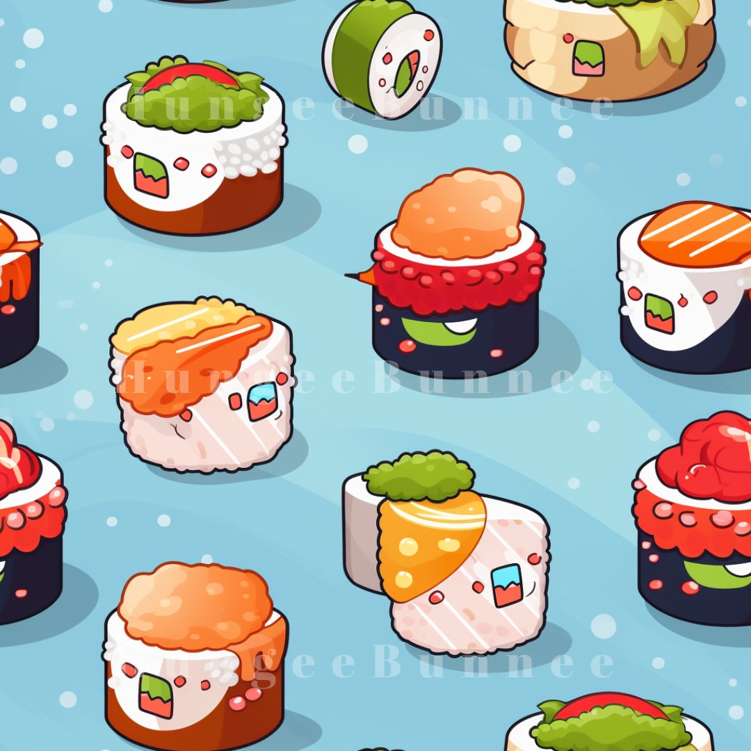Sushi Digital Paper, Black Wallpaper, Cute Sushi With Faces, Whimsical ...