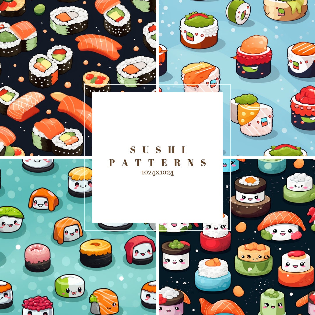 Sushi Digital Paper, Black Wallpaper, Cute Sushi With Faces, Whimsical ...