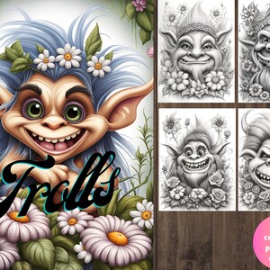 33 Grayscale Trolls Coloring Book Set Printable Adult Coloring Pages ...