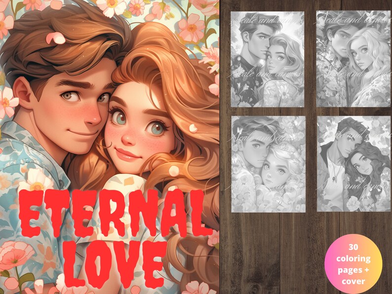 30 Grayscale Eternal Love Cartoon Style Coloring Book Set Printable ...