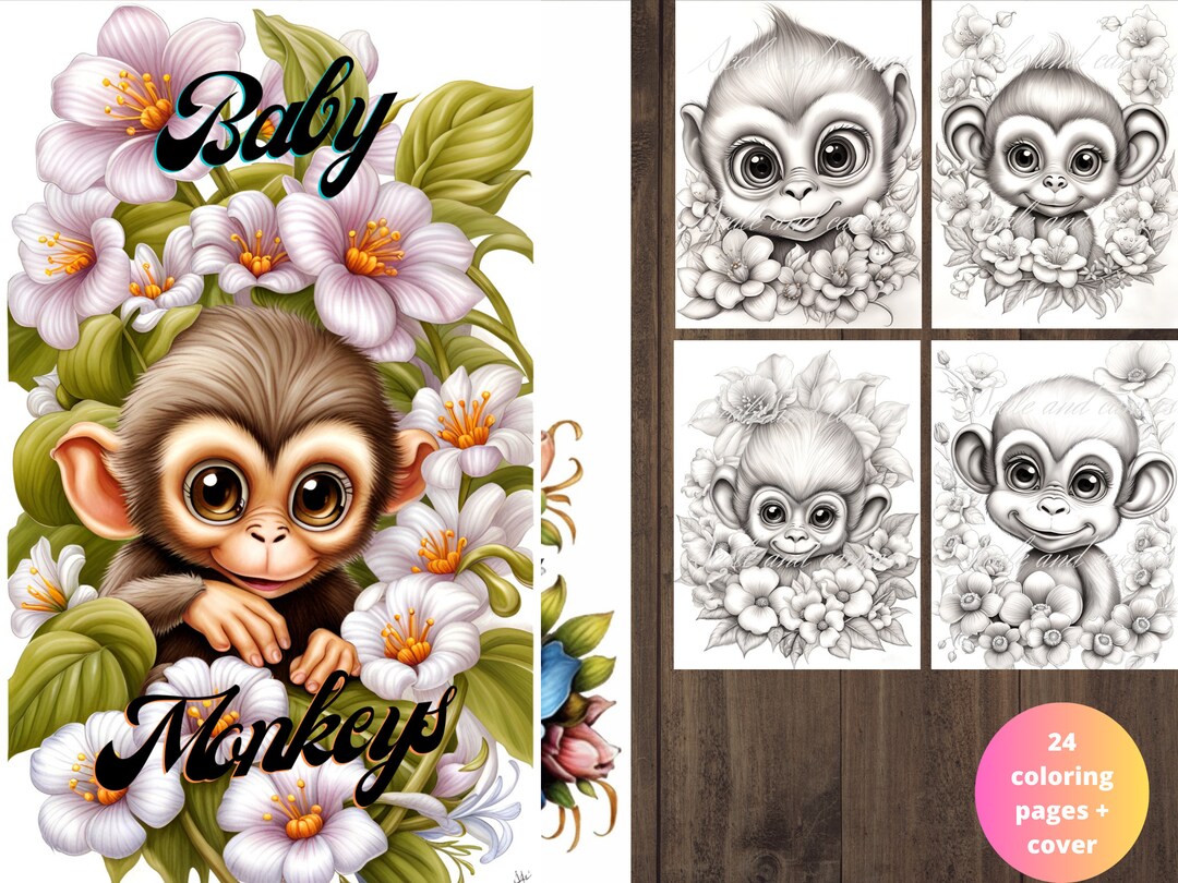 24 Grayscale Baby Monkeys Coloring Book Set Printable Adult Coloring ...