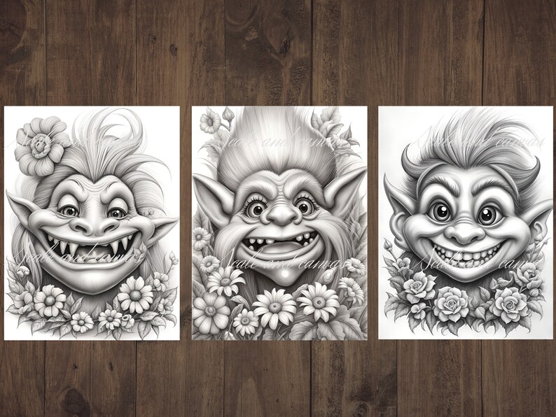 33 Grayscale Trolls Coloring Book Set Printable Adult Coloring Pages ...