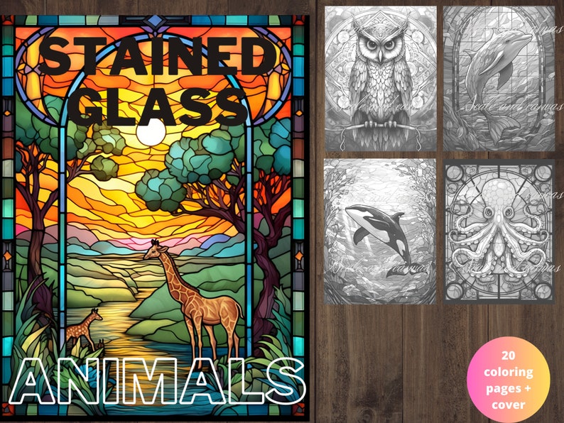 20 Grayscale Stained Glass Animals Coloring Book Printable Adult ...