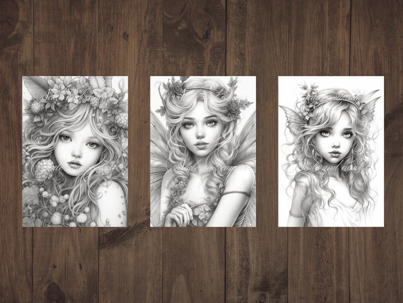24 Grayscale Cute Fairies Coloring Book Set Printable Adult Coloring ...
