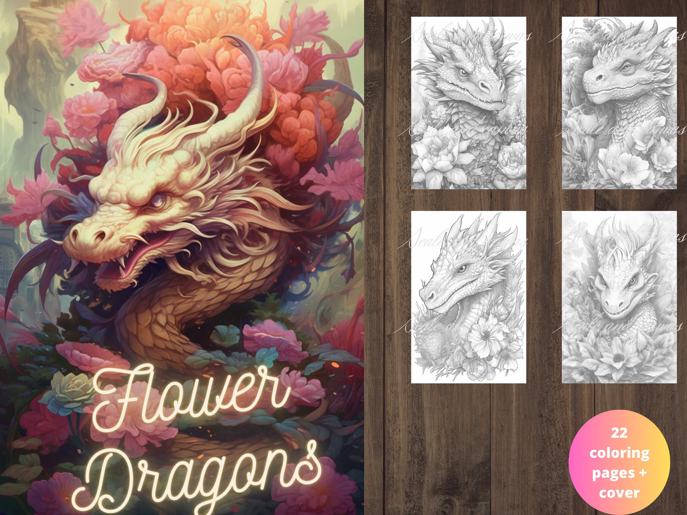 22 Grayscale Flower Dragons Coloring Book Set Printable Adult Coloring ...