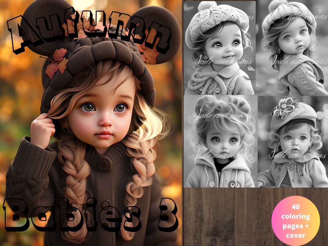 40 Grayscale Autumn Babies 3 Coloring Book Set Printable Adult Coloring ...