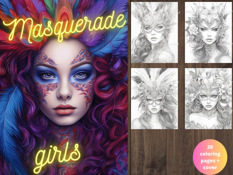20 escala de grises Masquerade Girls libro para colorear / páginas para colorear imprimibles ...