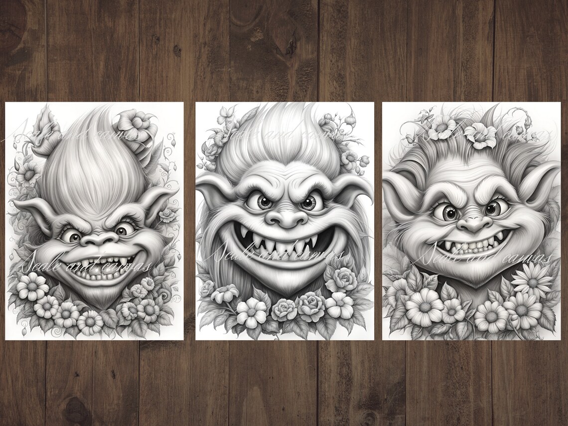 33 Grayscale Trolls Coloring Book Set Printable Adult Coloring Pages ...