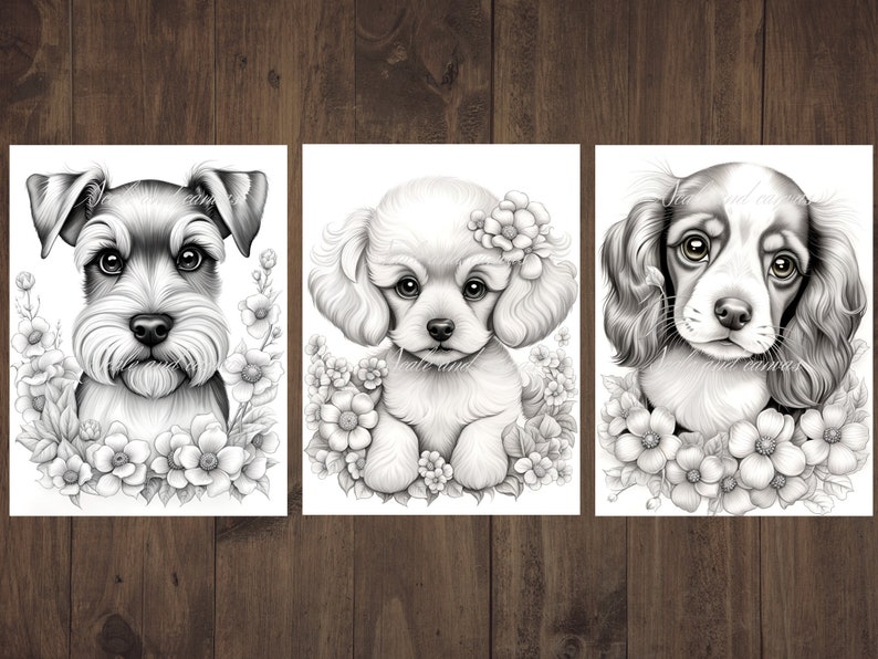 30 Grayscale Small Dogs Coloring Book Set Printable Adult Coloring ...