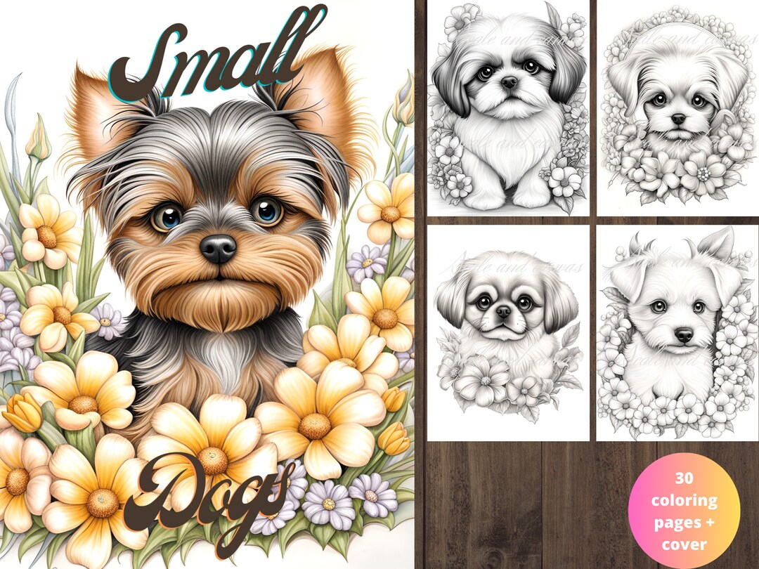 30 Grayscale Small Dogs Coloring Book Set Printable Adult Coloring ...