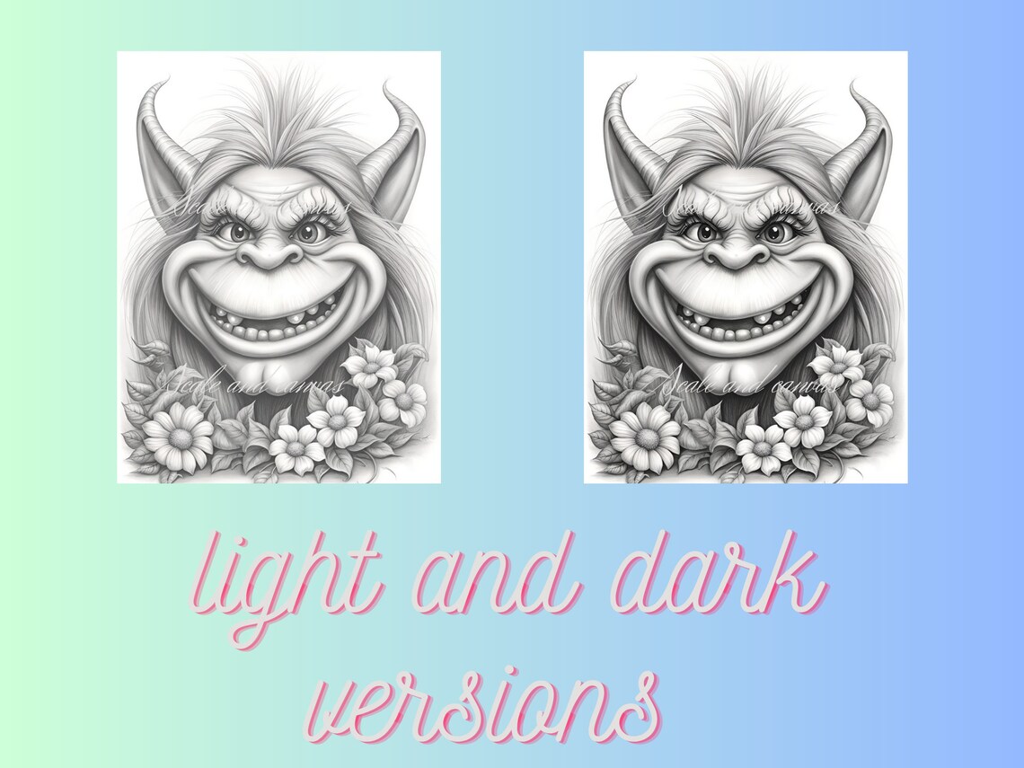 33 Grayscale Trolls Coloring Book Set Printable Adult Coloring Pages ...