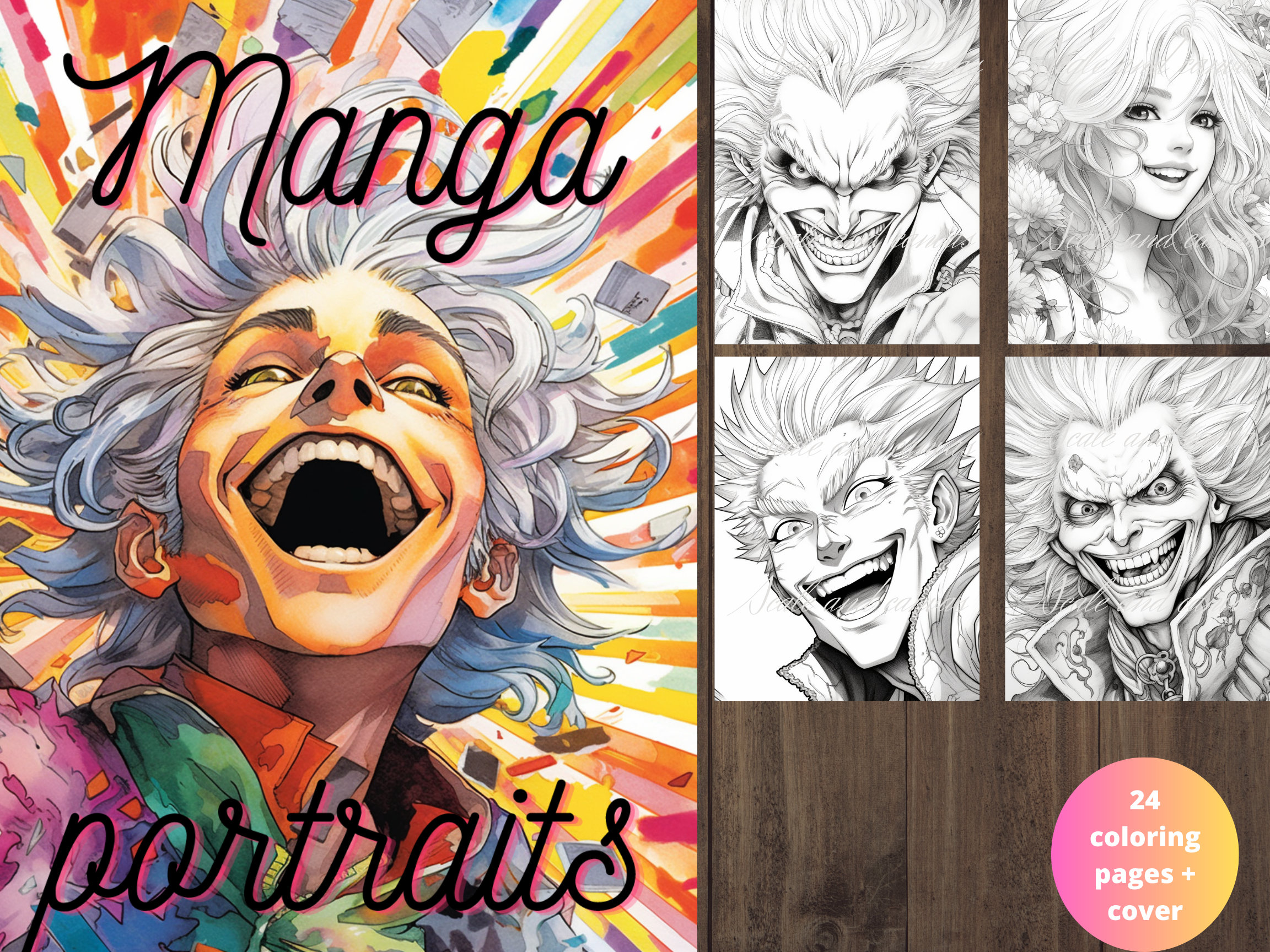 24 Grayscale Manga Portrait Coloring Book Set Printable Adult Coloring ...