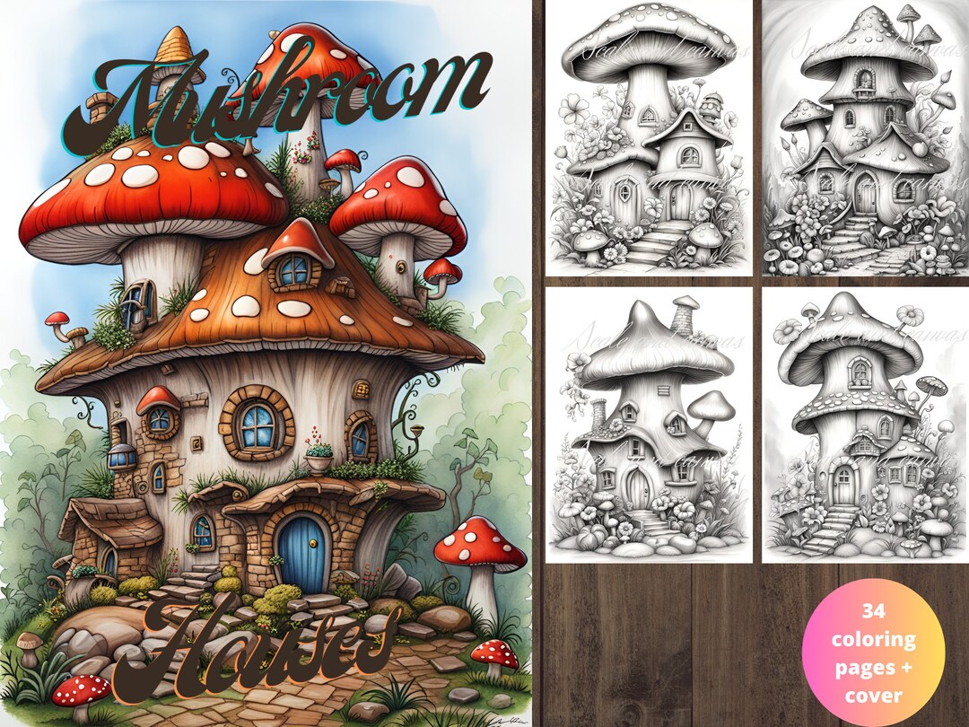 34 Grayscale Mushroom Houses Coloring Book Set Printable - Etsy