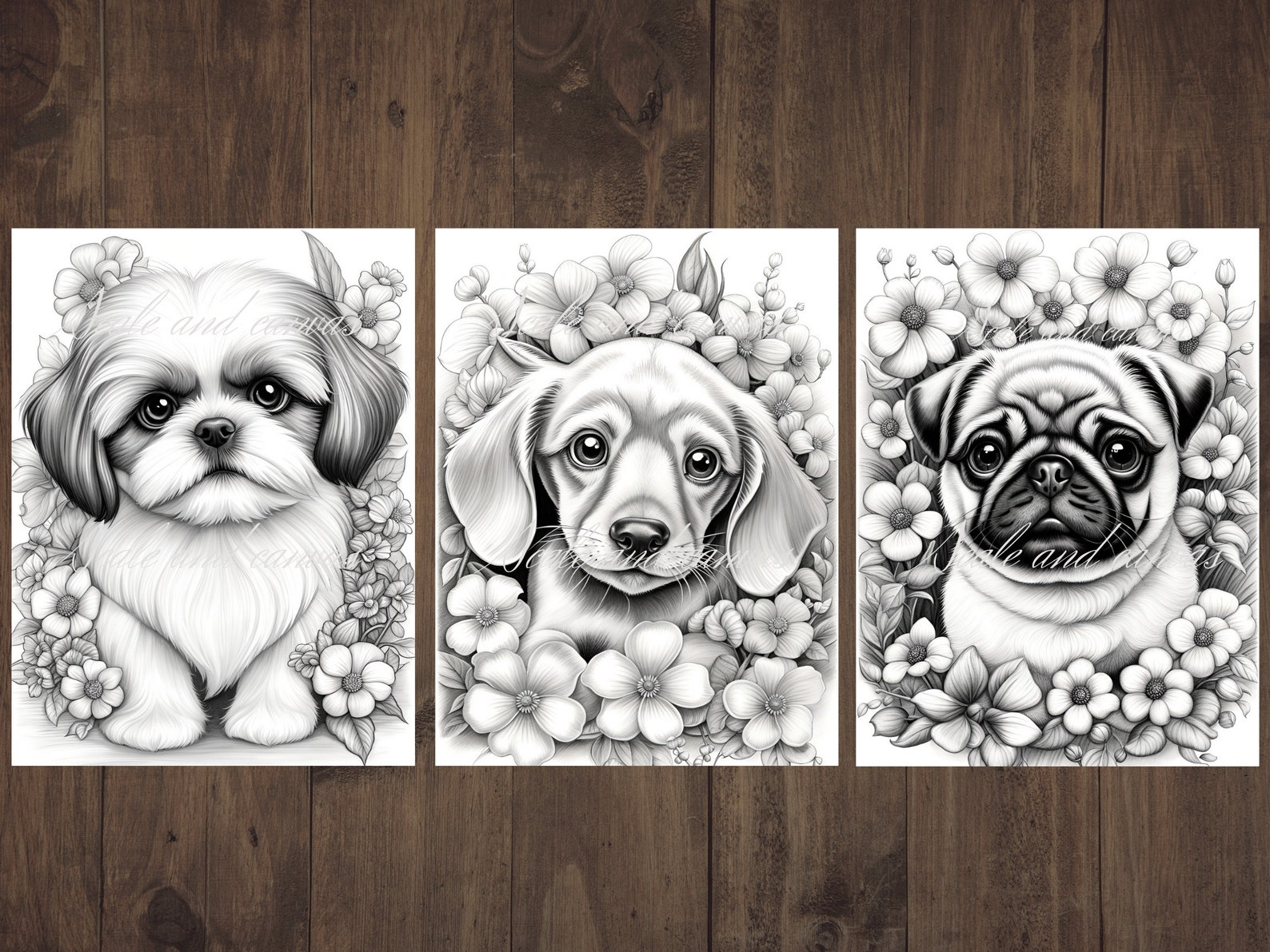 30 Grayscale Small Dogs Coloring Book Set Printable Adult Coloring ...