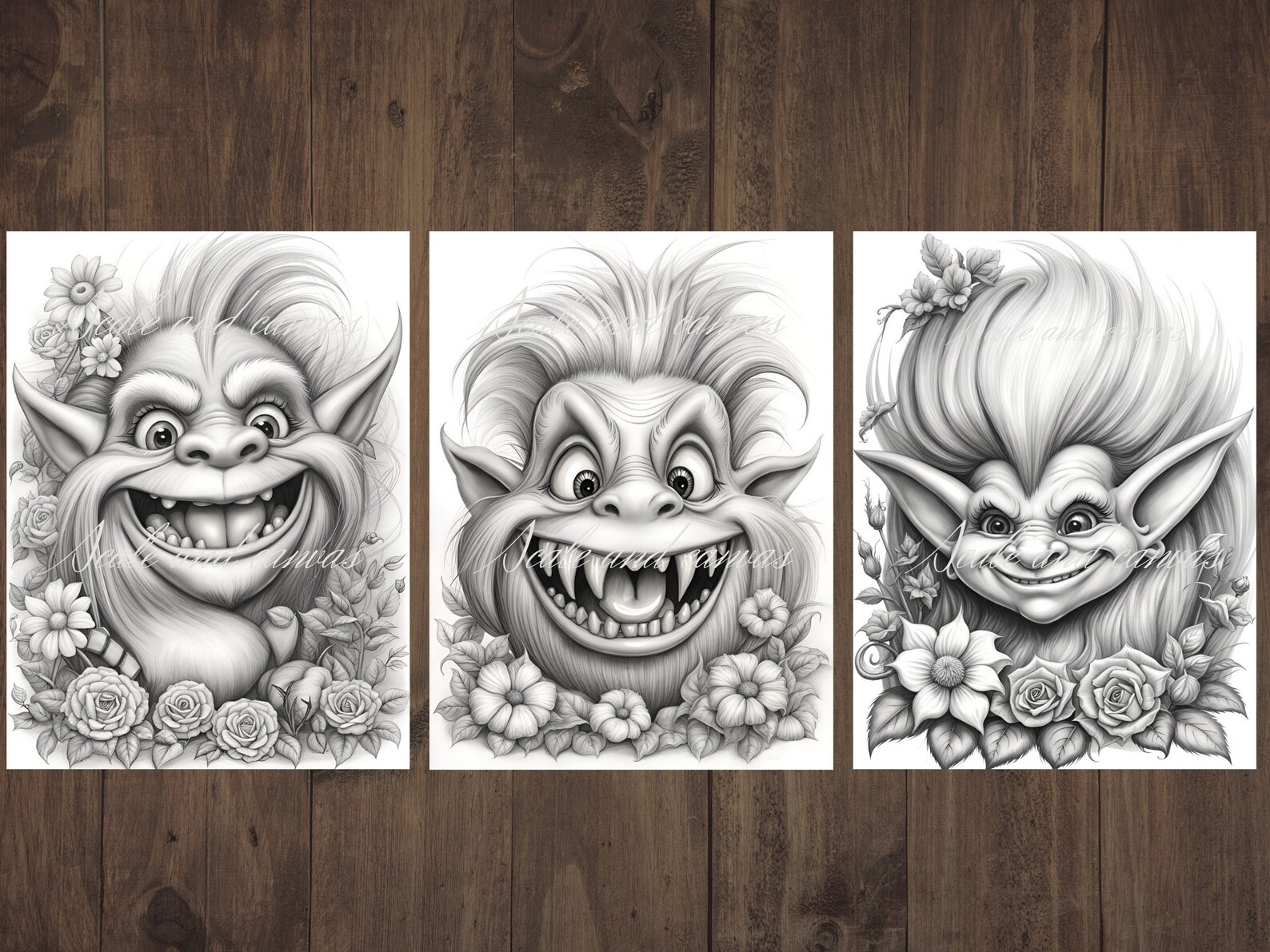 33 Grayscale Trolls Coloring Book Set Printable Adult Coloring Pages ...