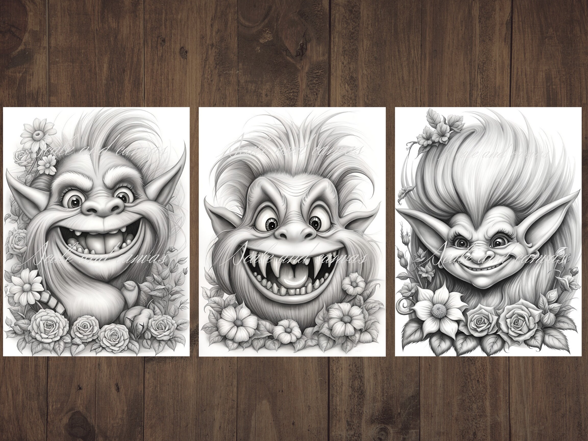 33 Grayscale Trolls Coloring Book Set Printable Adult Coloring Pages ...