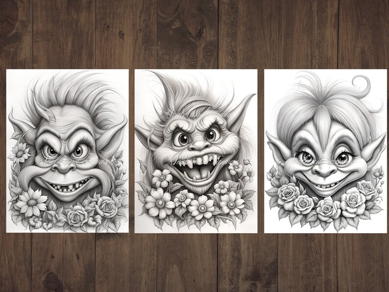33 Grayscale Trolls Coloring Book Set Printable Adult Coloring Pages ...