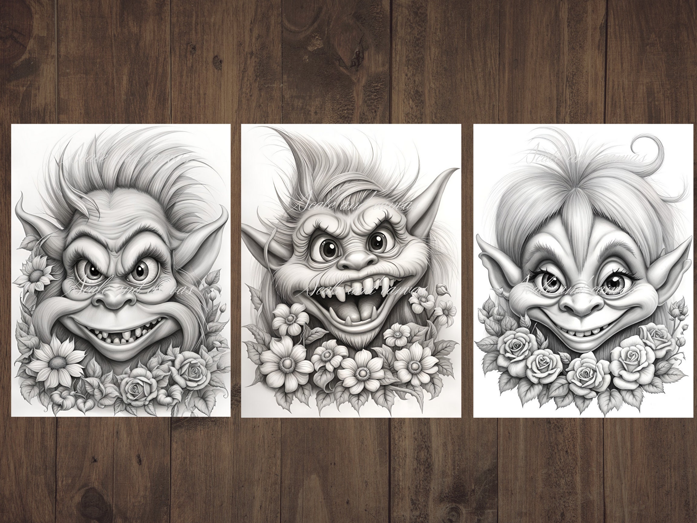 33 Grayscale Trolls Coloring Book Set Printable Adult Coloring Pages ...