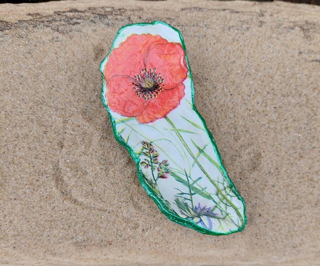 Oyster Shell Trinket Dish - Poppy Flower ~ Handpainted, Decoupaged ...