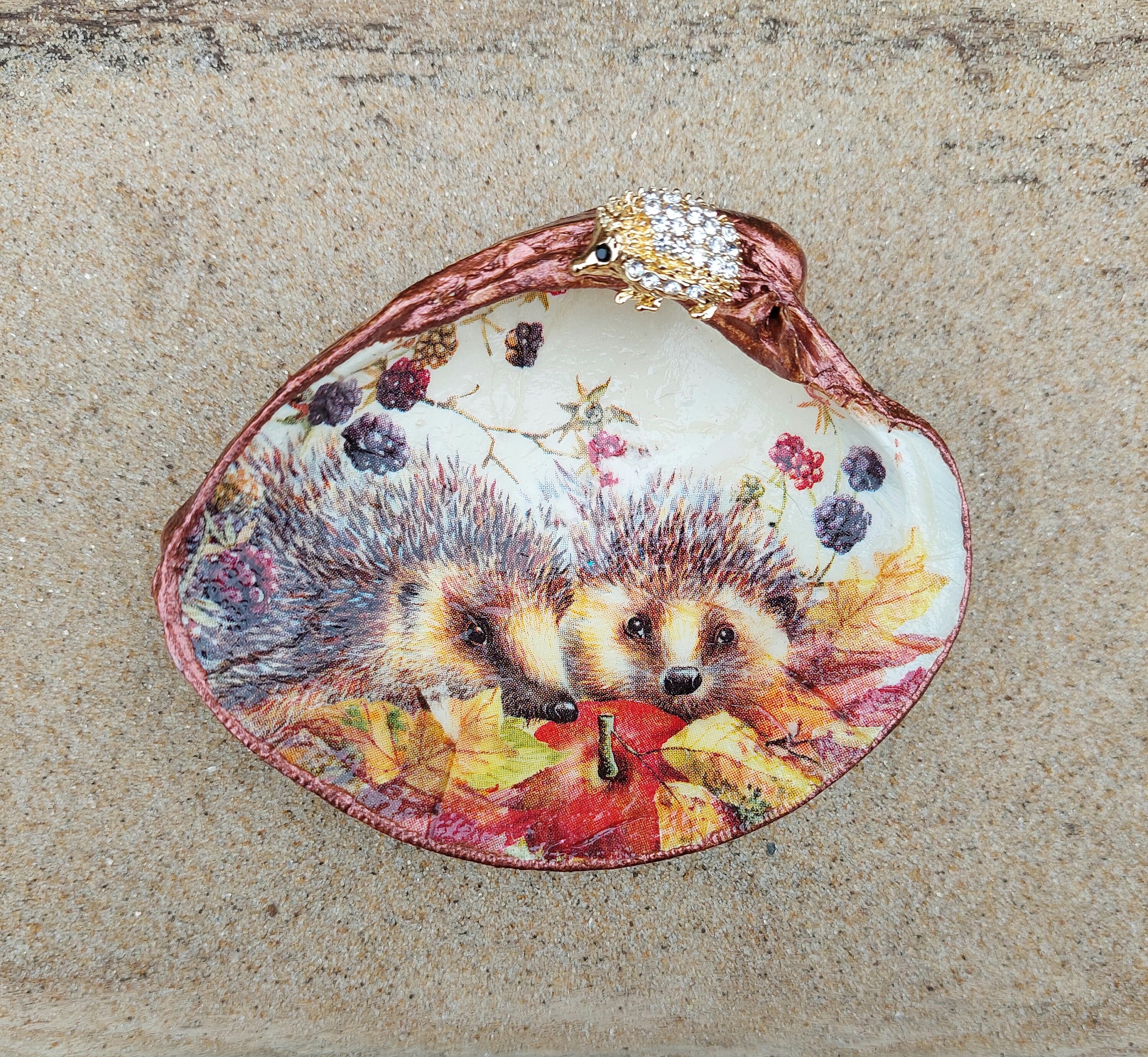 Clam Shell Trinket Dish - Hedgehog Design ~ Handpainted, Decoupaged ...