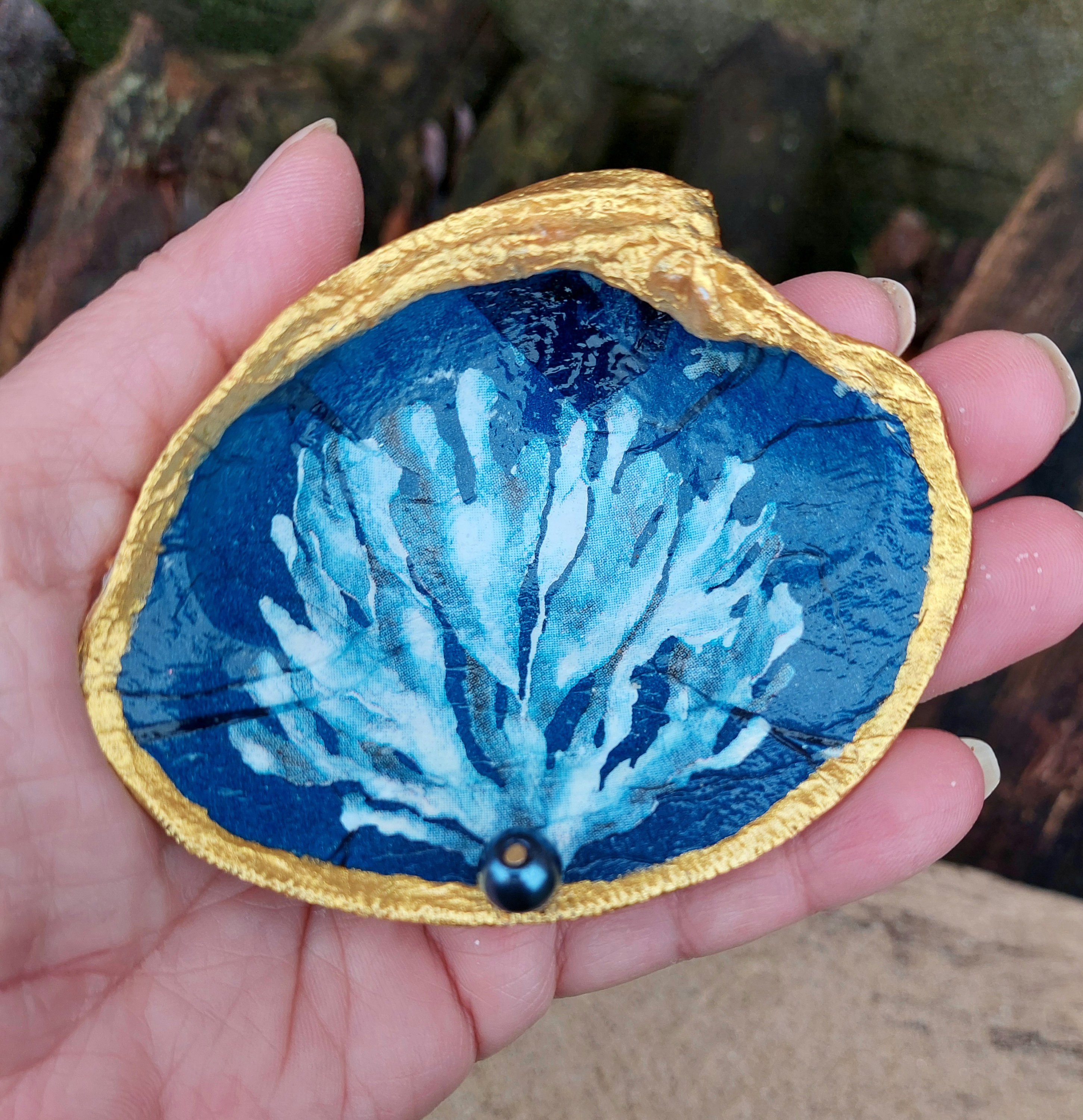 Clam Shell Trinket Dish Blue, White, Gold Coral Design Handpainted ...