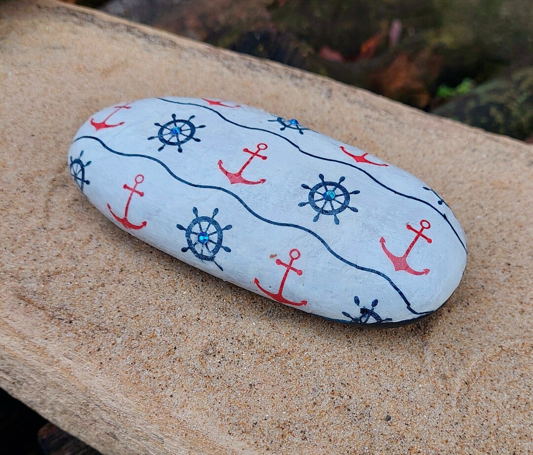 Beach Rock Paperweight Anchors, Wheels and Crystals Handpainted ...
