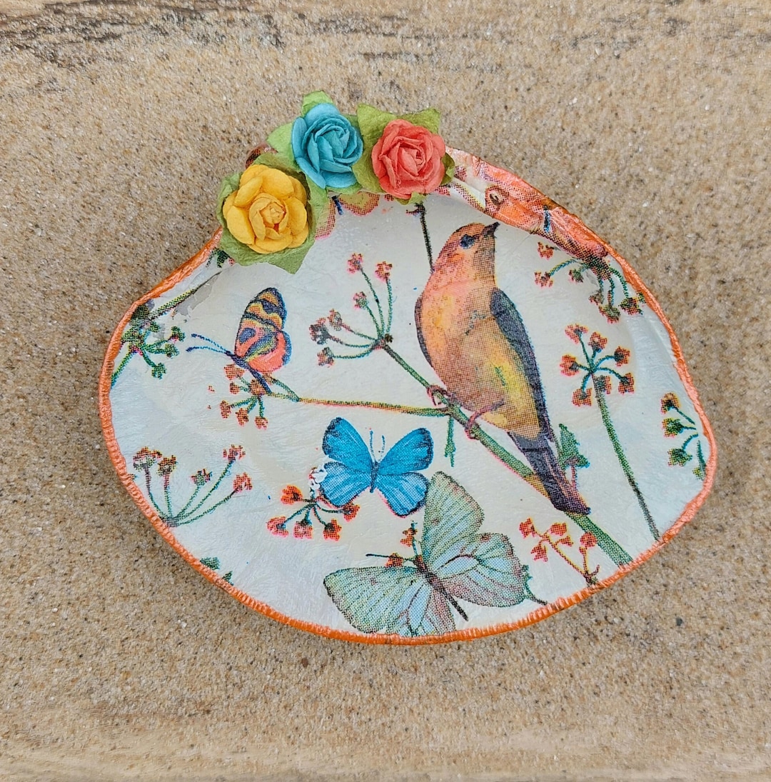 Clam Shell Trinket Dish - Bird, Butterfly, Flower Design ~ Handpainted ...