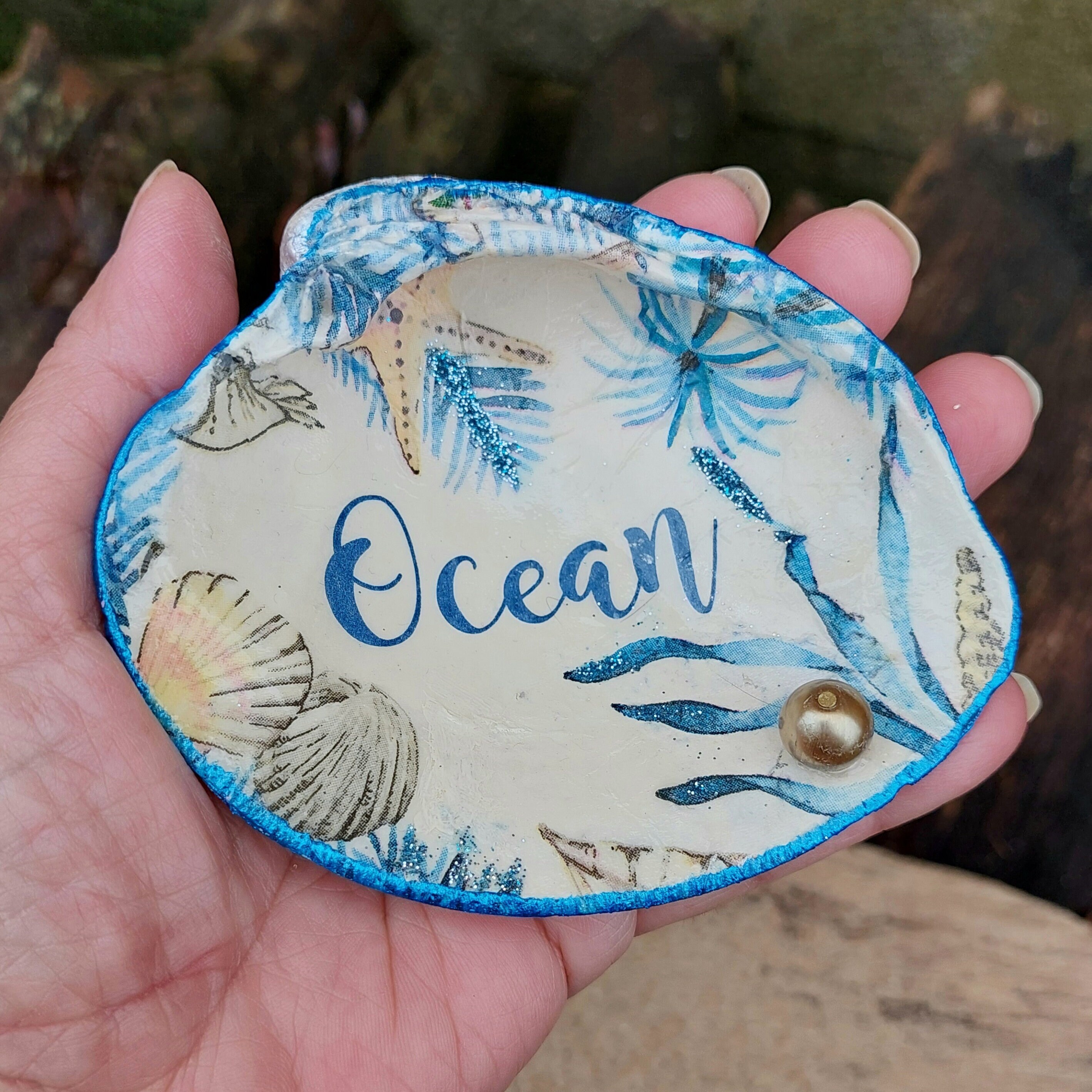Clam Shell Trinket Dish - Ocean Design ~ Handpainted, Decoupaged, Ring ...