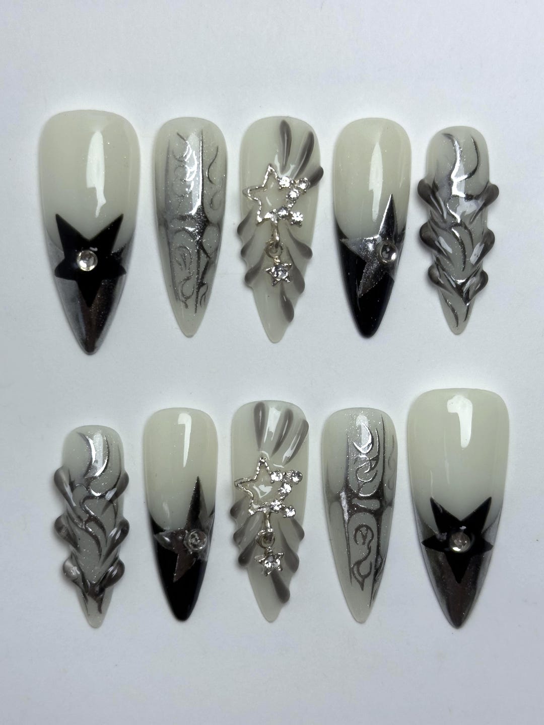 Chrome Silver Press on Nails: Cyber Sigil Charms, Alt Black Reusable ...
