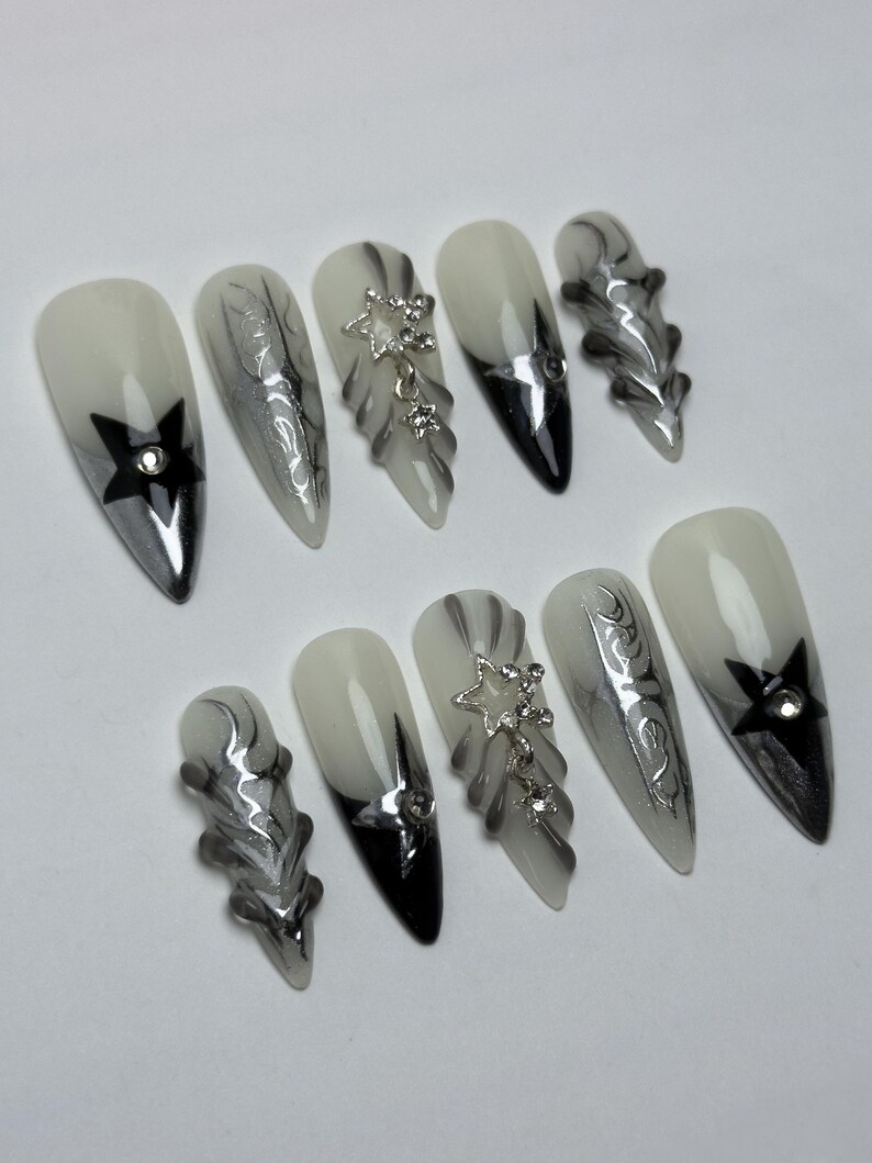 Chrome Silver Press on Nails: Cyber Sigil Charms, Alt Black Reusable ...