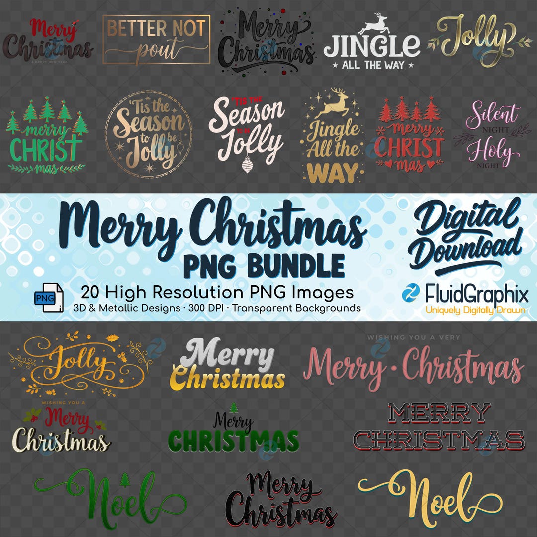 Merry Christmas PNG Bundle: Holiday Designs, Festive X-mas Word Art ...