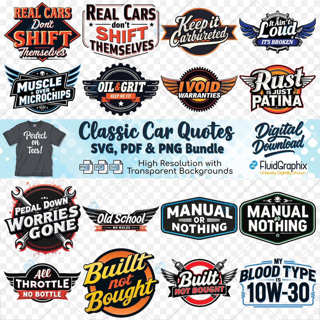 Classic Car Quotes SVG PNG PDF Bundle: 16 Mechanic & Muscle Car Sayings ...