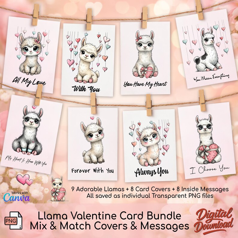 Llama Valentine Card Bundle: Digital Download PNG | Printable Mix ...