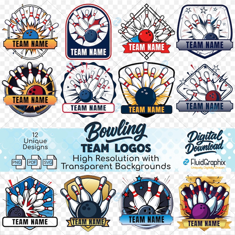 Bowling Team Logo Bundle: 12 Customizable Designs, PNG SVG PDF Digital ...