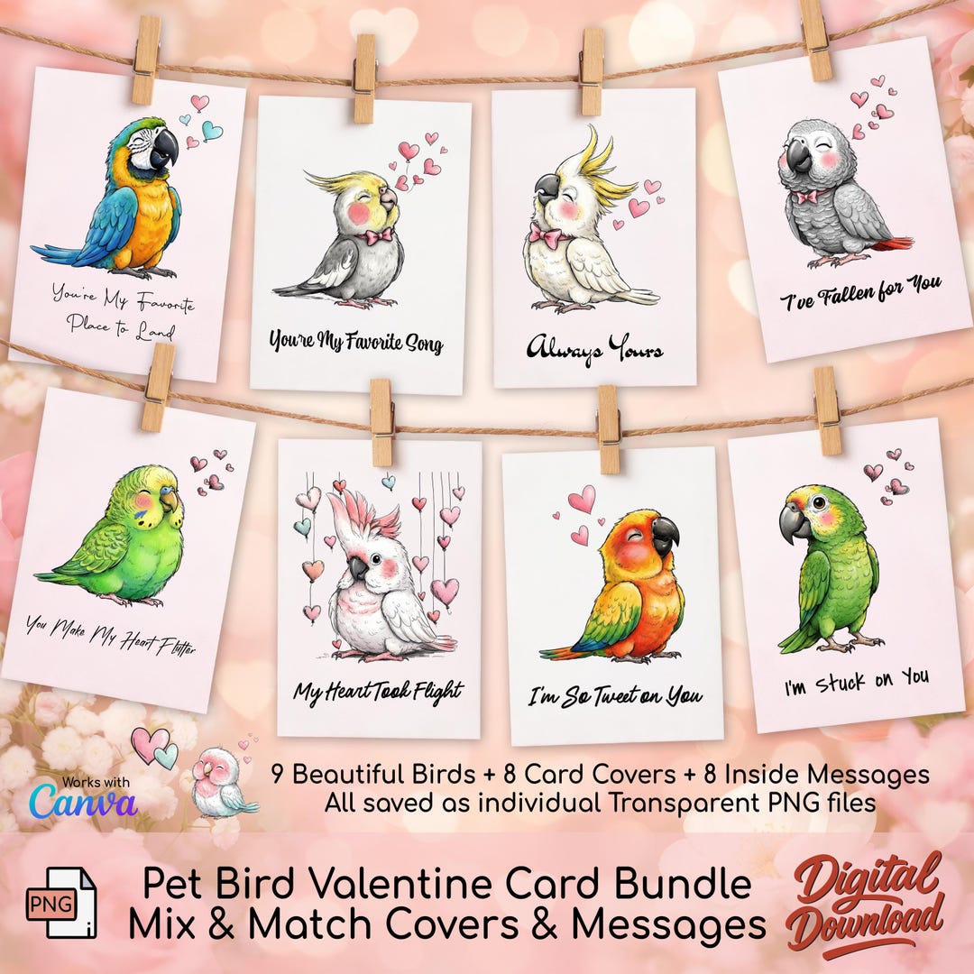 Bird Valentine Card Bundle: Digital Download PNG | Printable Mix ...