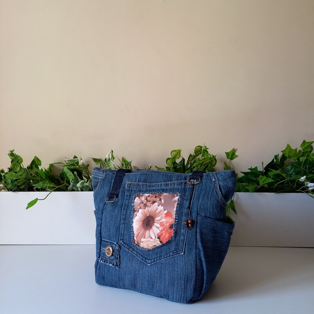 Tote Bag Floral Denim Side Tote Bag With Zipper & Multiple - Etsy