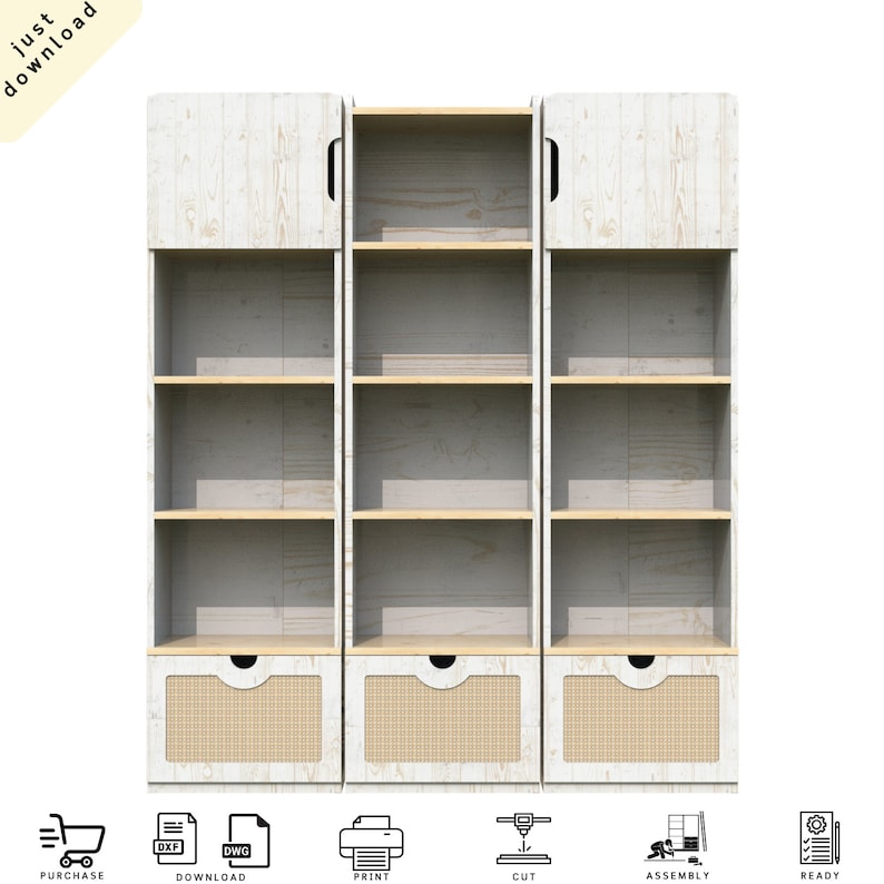 Triple Wooden Bookcase With Shelves, Offers Fixed Shelves, Wicker ...