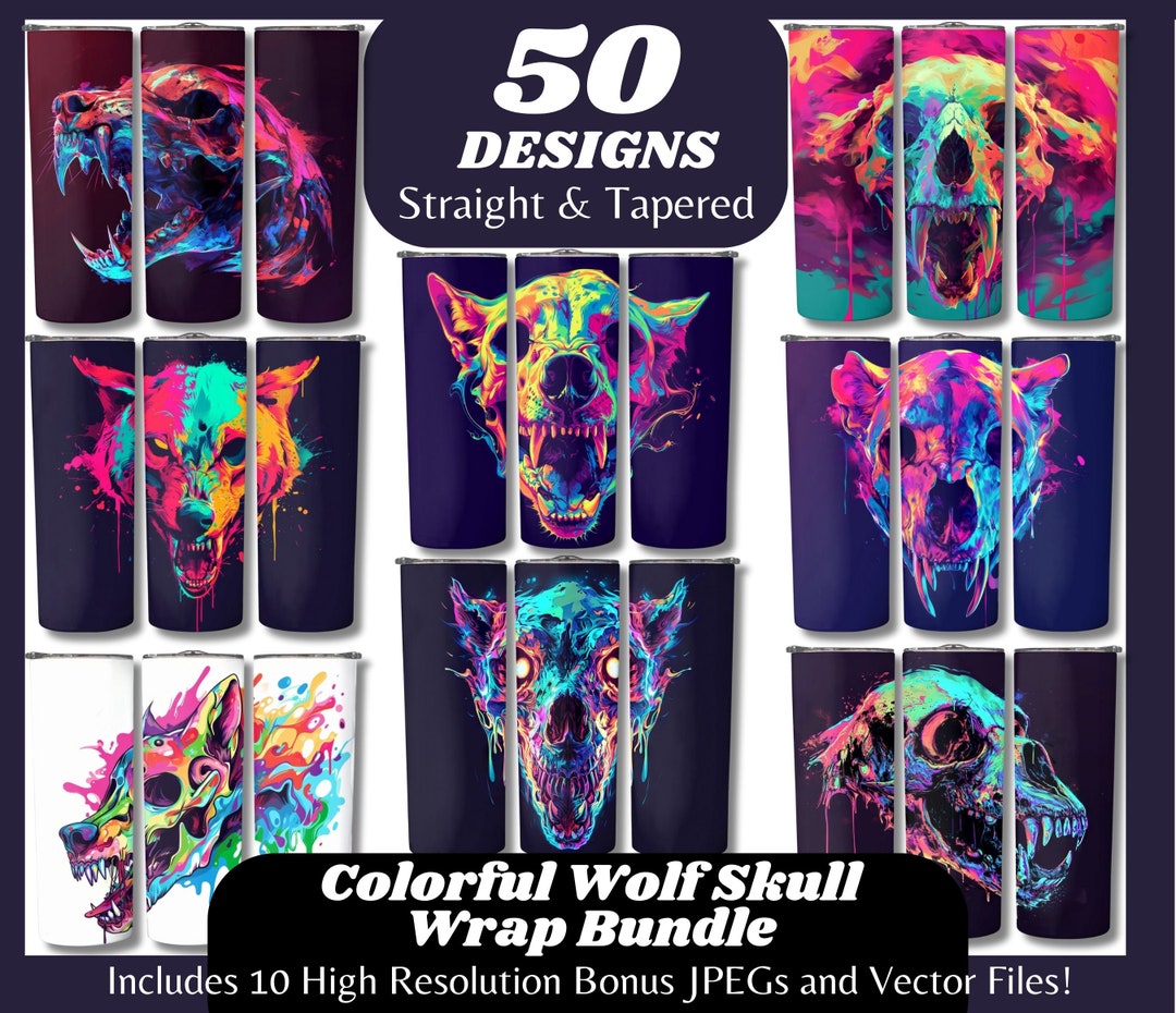 50 Neon Wolf Skull Wrap Bundle, 20oz Straight & Tapered Wraps, Trippy ...