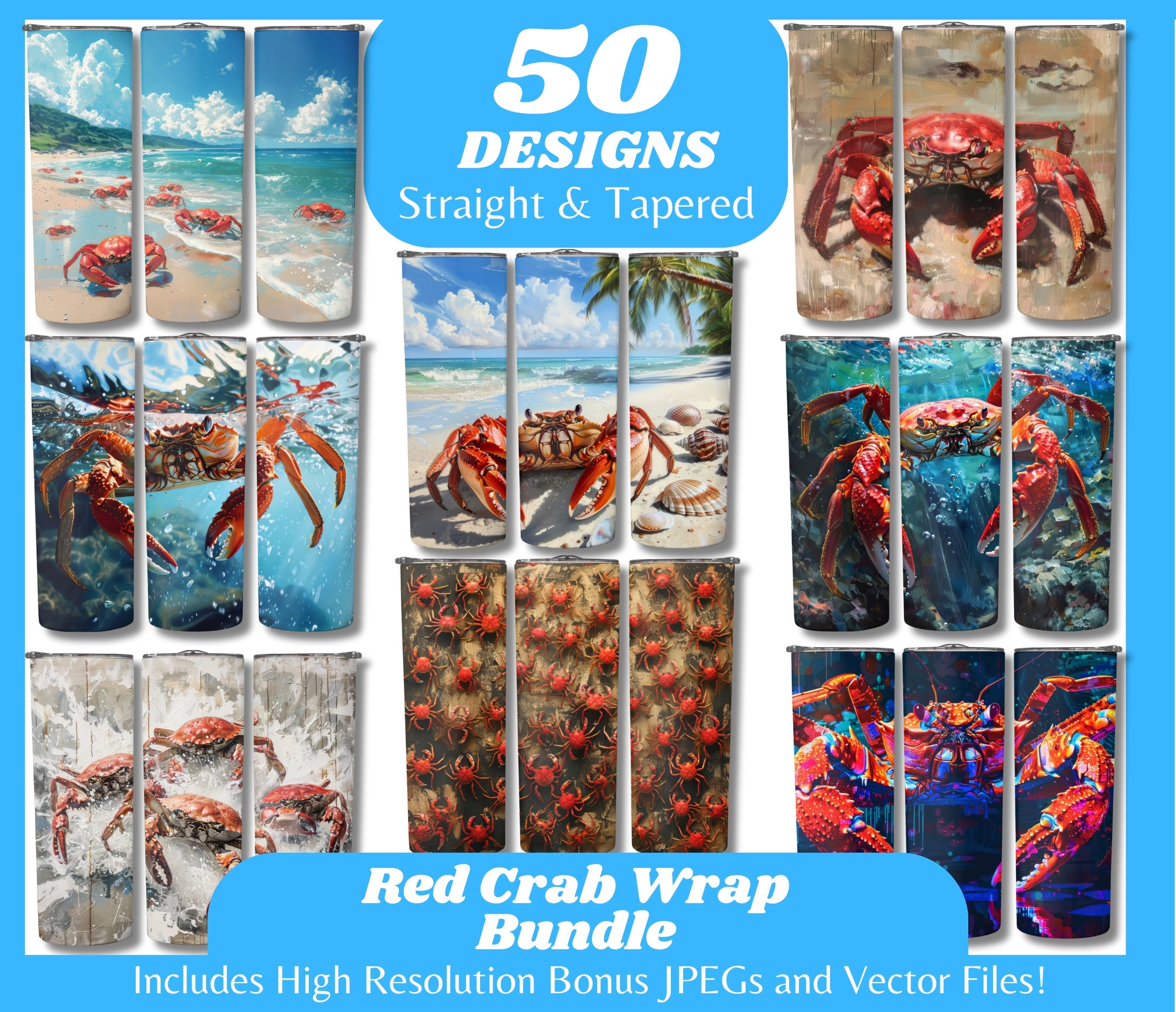 50 Red Crab Design Bundle, 20oz Tumbler Wrap Pngs, Ocean Life Images ...