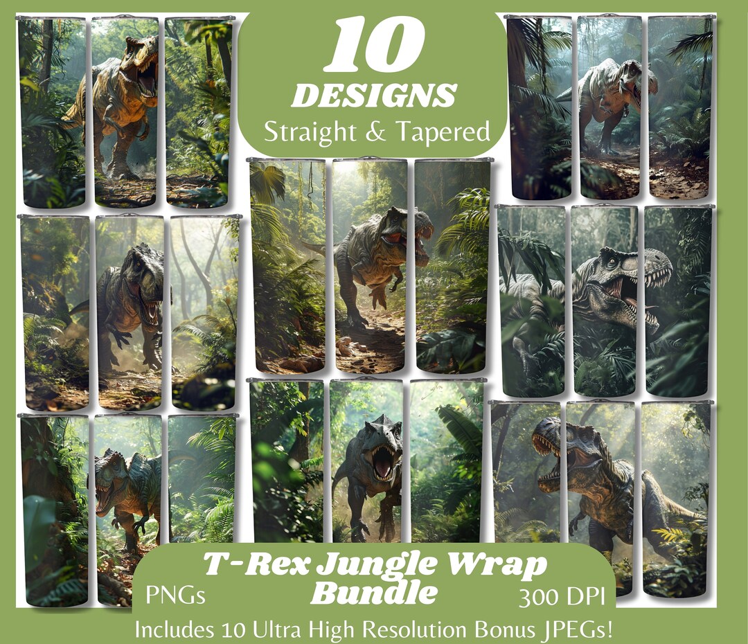 10 T-rex Jungle Tumbler Wrap Bundle, 20oz Straight & Tapered Wraps ...