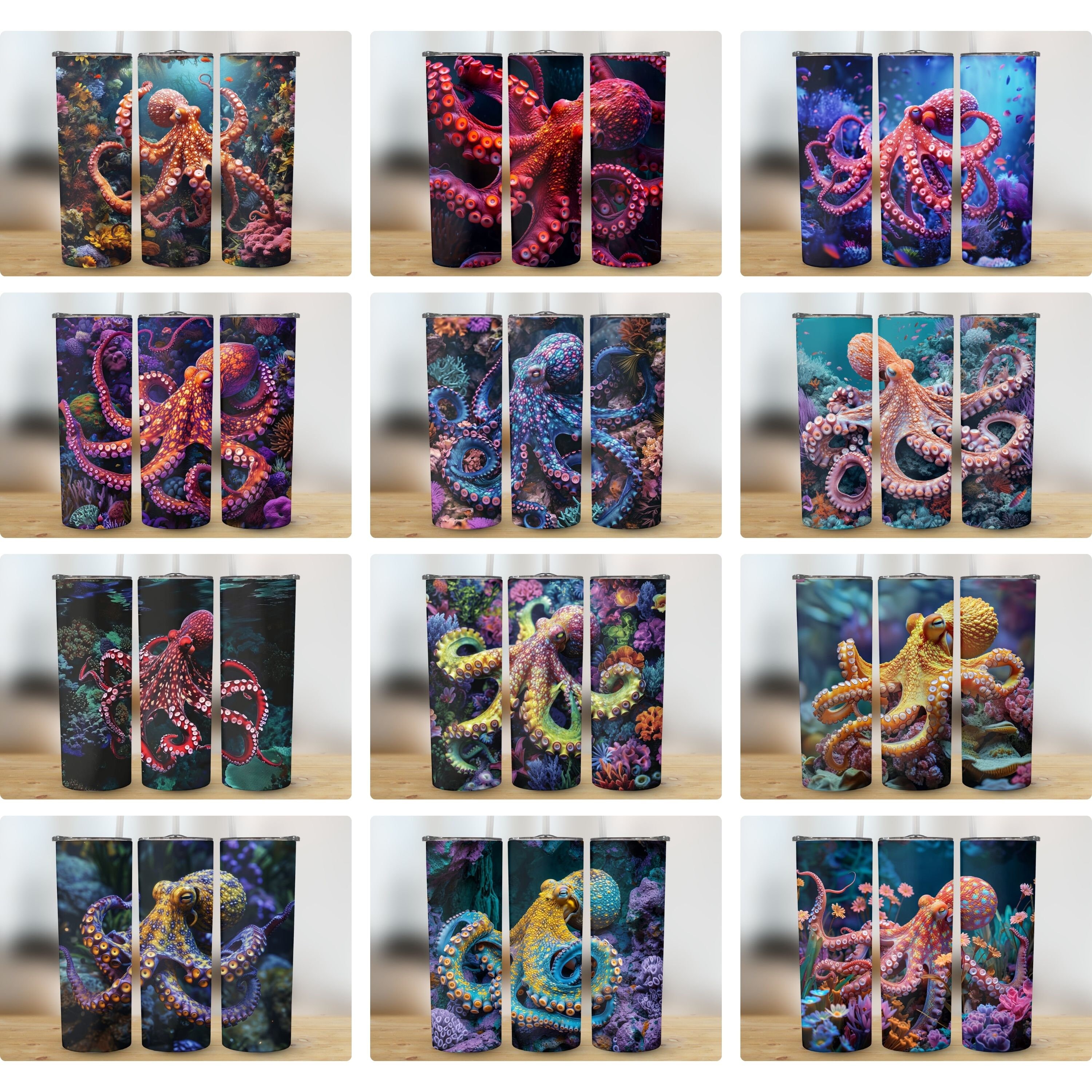 50 Colorful Octopus Design Bundle, 20oz Straight & Tapered Wraps, High ...