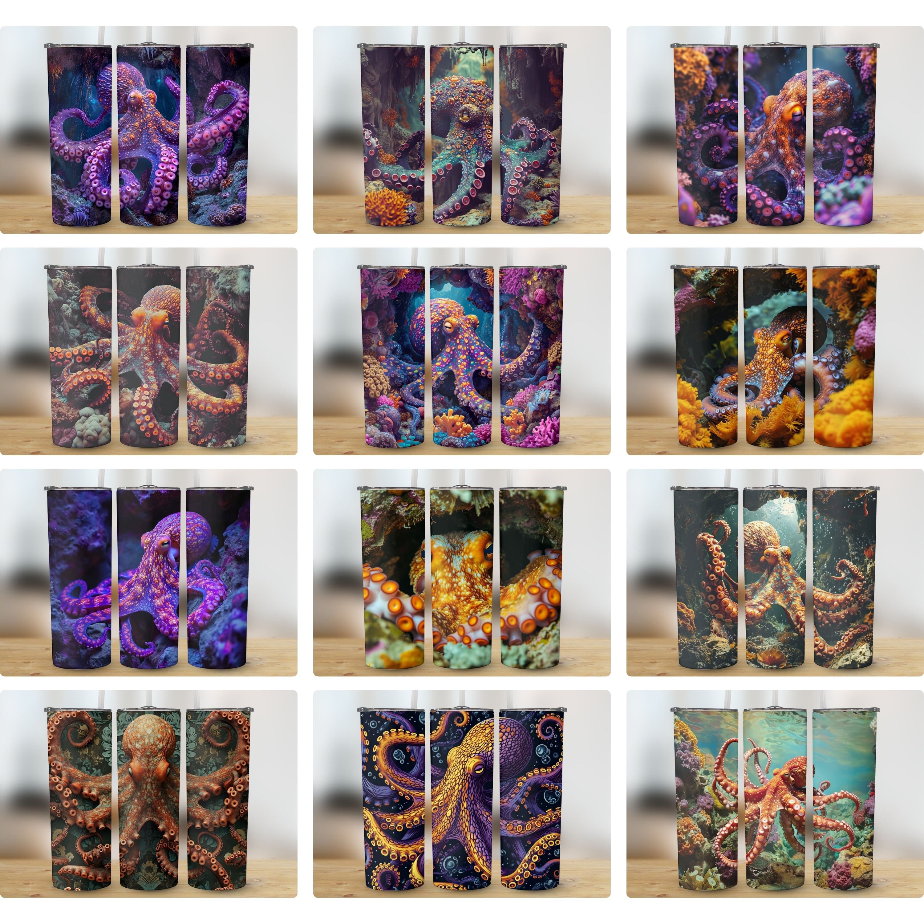 50 Colorful Octopus Design Bundle, 20oz Straight & Tapered Wraps, High ...