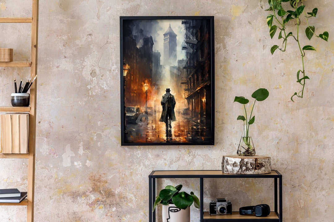 Rainy Cityscape Gangster Print, Crime Film Inspired Poster, Puzzle, Man ...