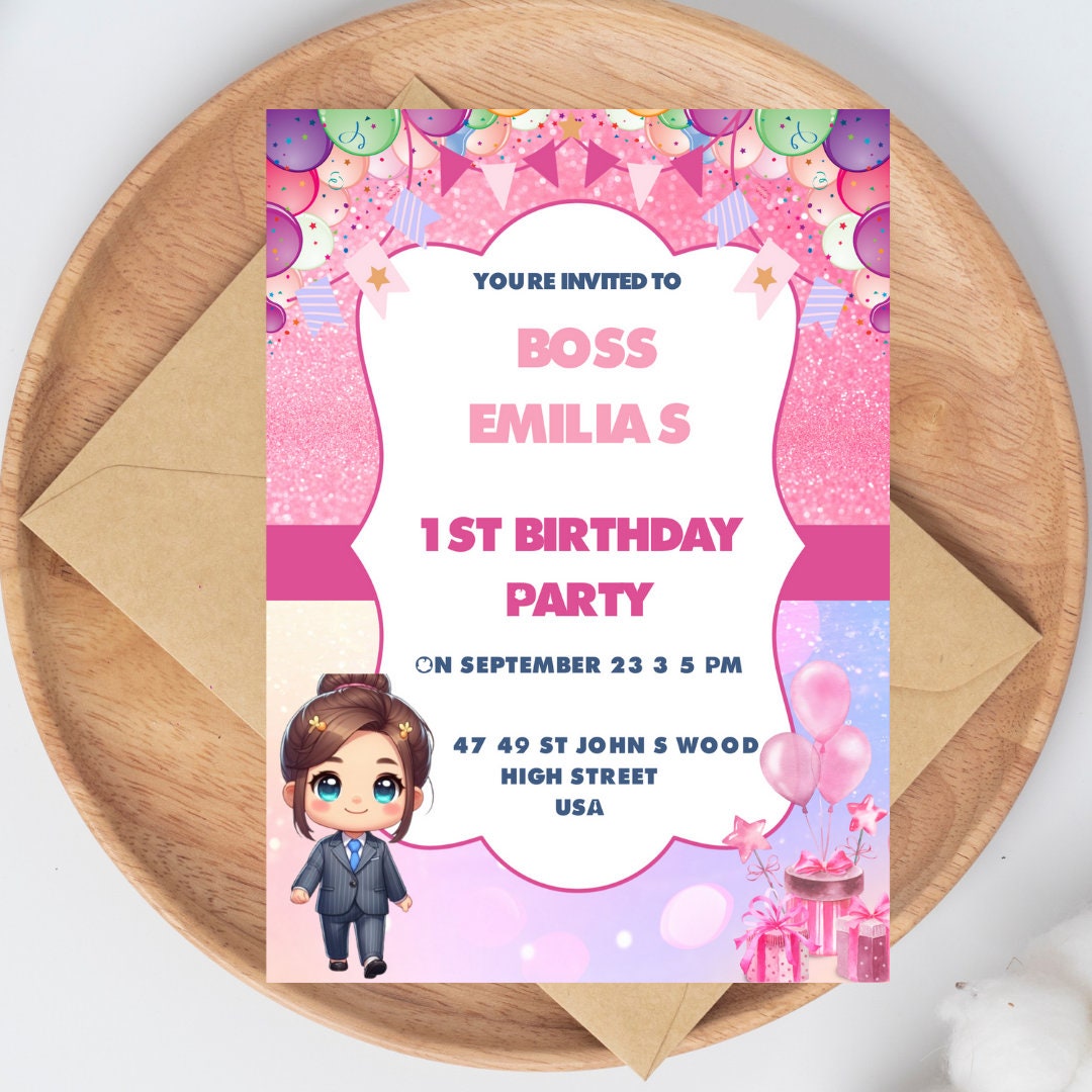 Editable Baby Boss Girl Birthday Invitation | Pink Purple Card ...